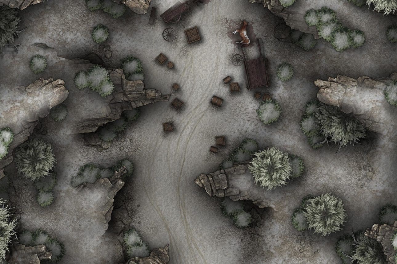 Free TTRPG Battlemap - Frozen Maw Pass Ambush • Seafoot Games