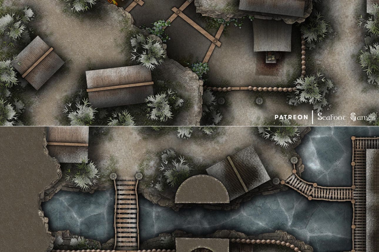 Free Multi-Level TTRPG Battlemap – Izumi’s Winter Japanese Village