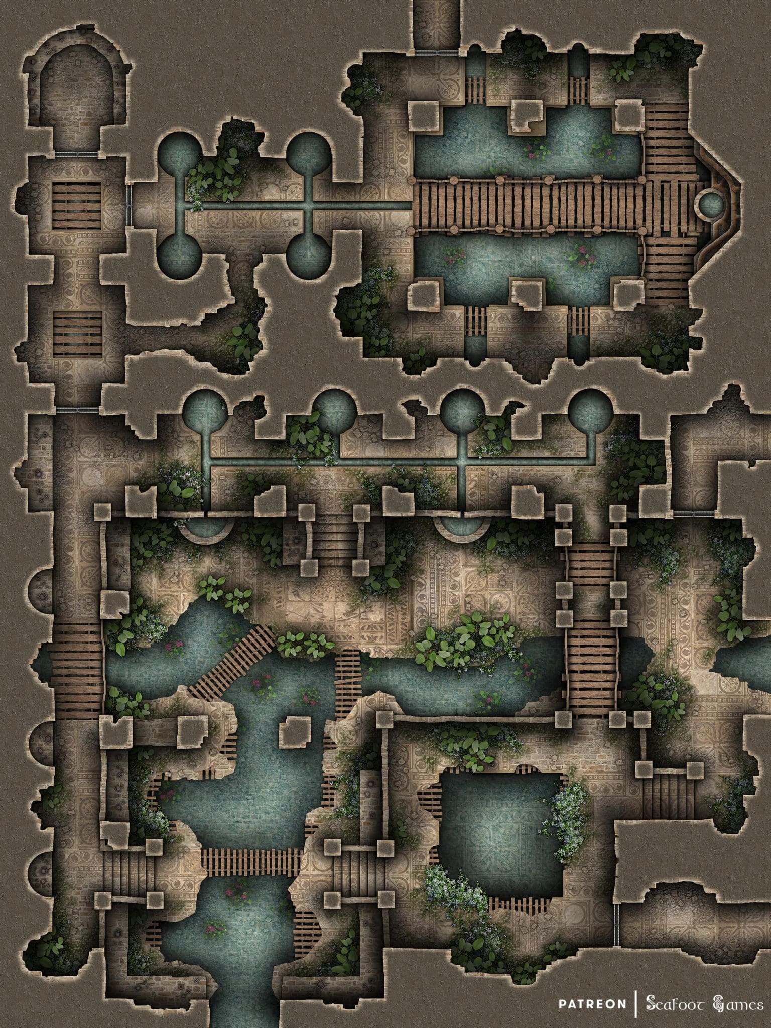 Free TTRPG Battlemap - Overgrown Wellspring Temple • Seafoot Games
