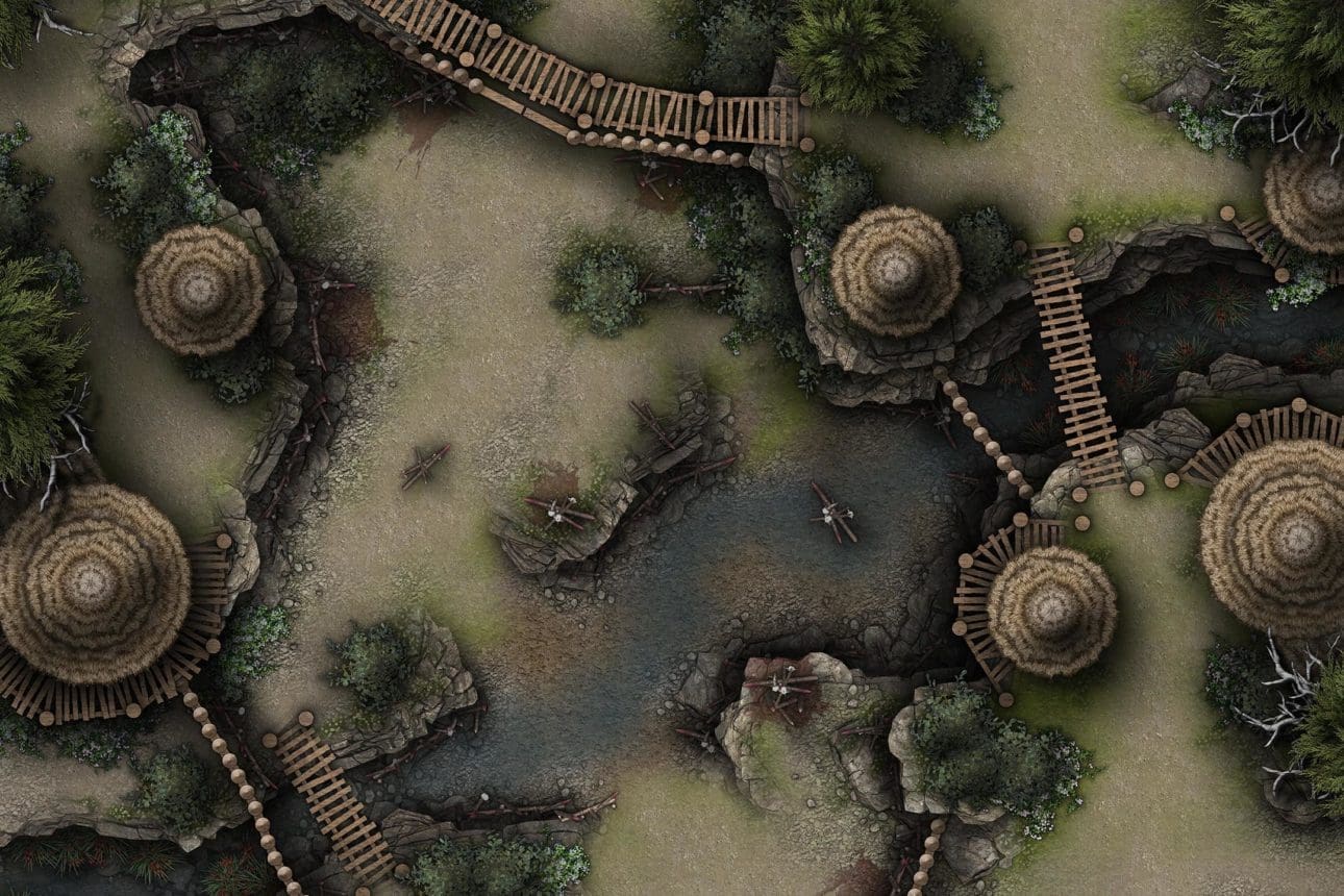 Free TTRPG Battlemap - Primitive Forest Village Arena • Seafoot Games