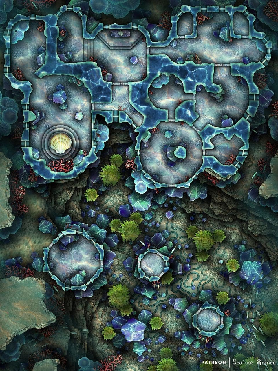 Free TTRPG Battlemap – Underwater Ruined Crystal Palace