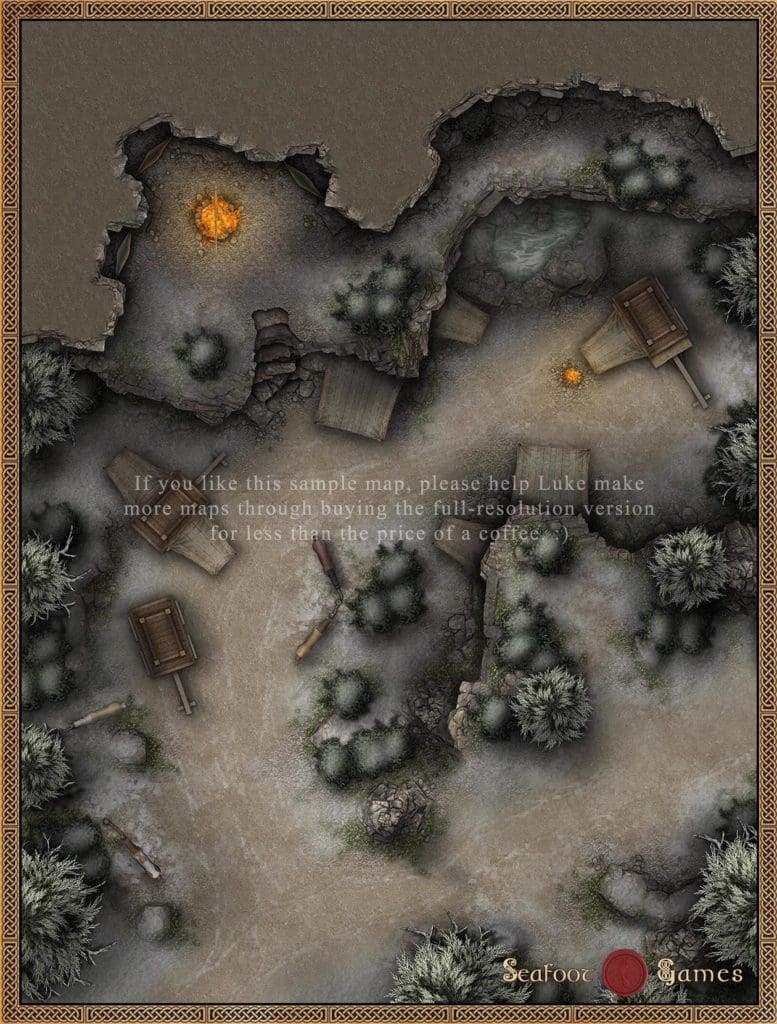 Winter Caravan Camp 40x30 DnD Battlemap with Adventure • Seafoot Games