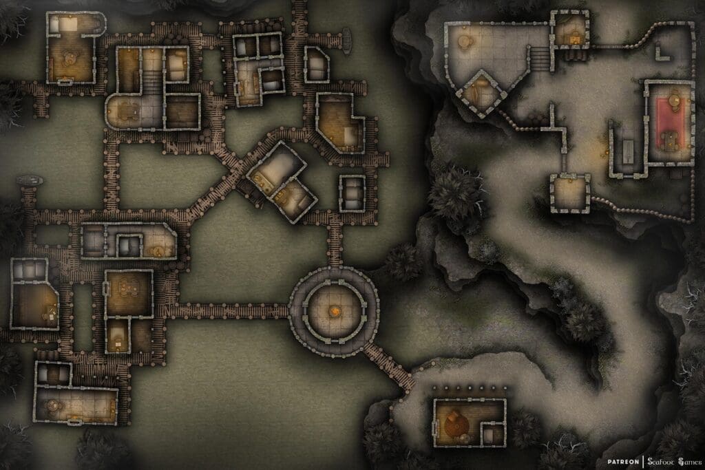 Swamp Village Fortress Free 60x40 DnD Battlemap & Adventure • Seafoot Games